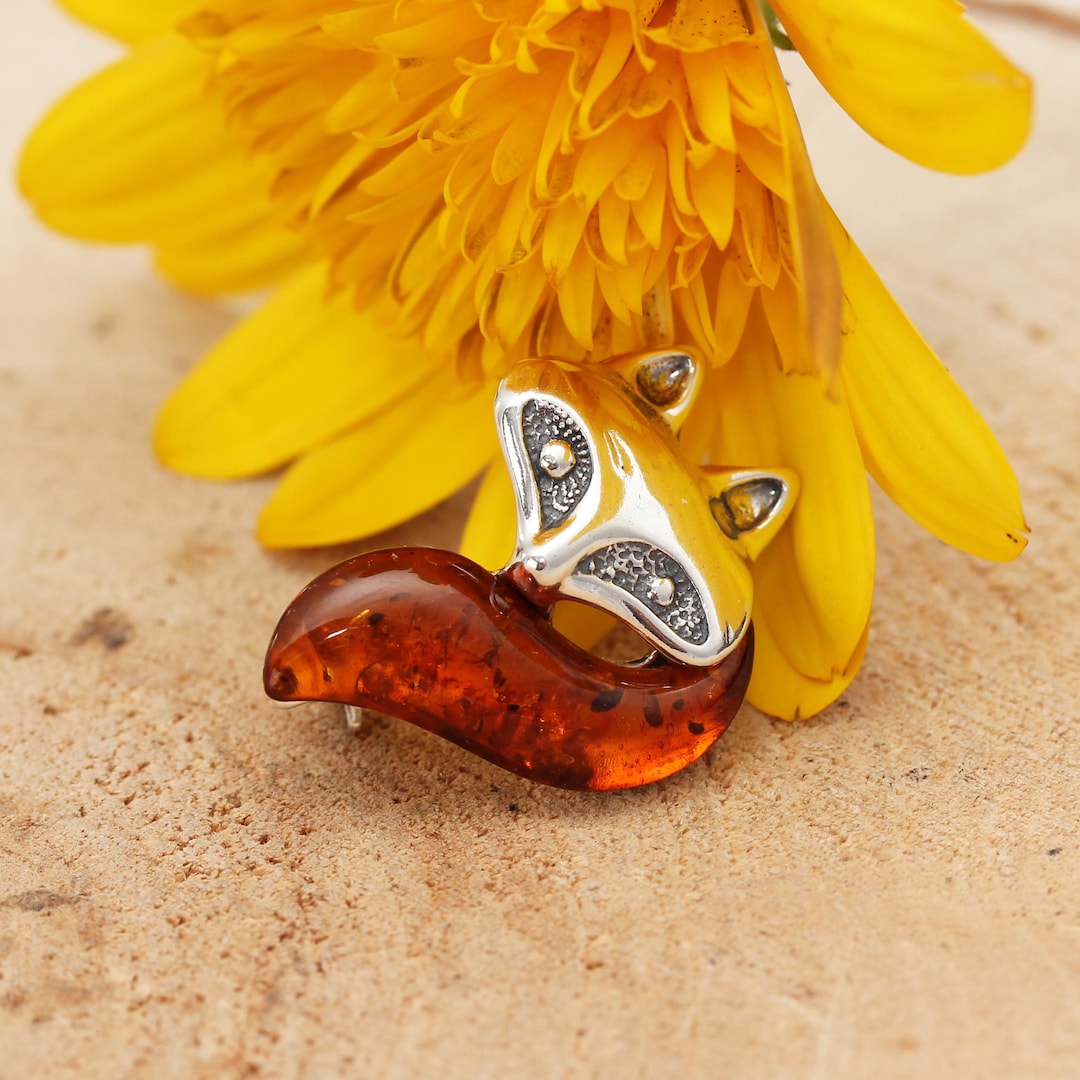Baltic Amber Fox Brooch: 925 Sterling Silver Pin - Etsy