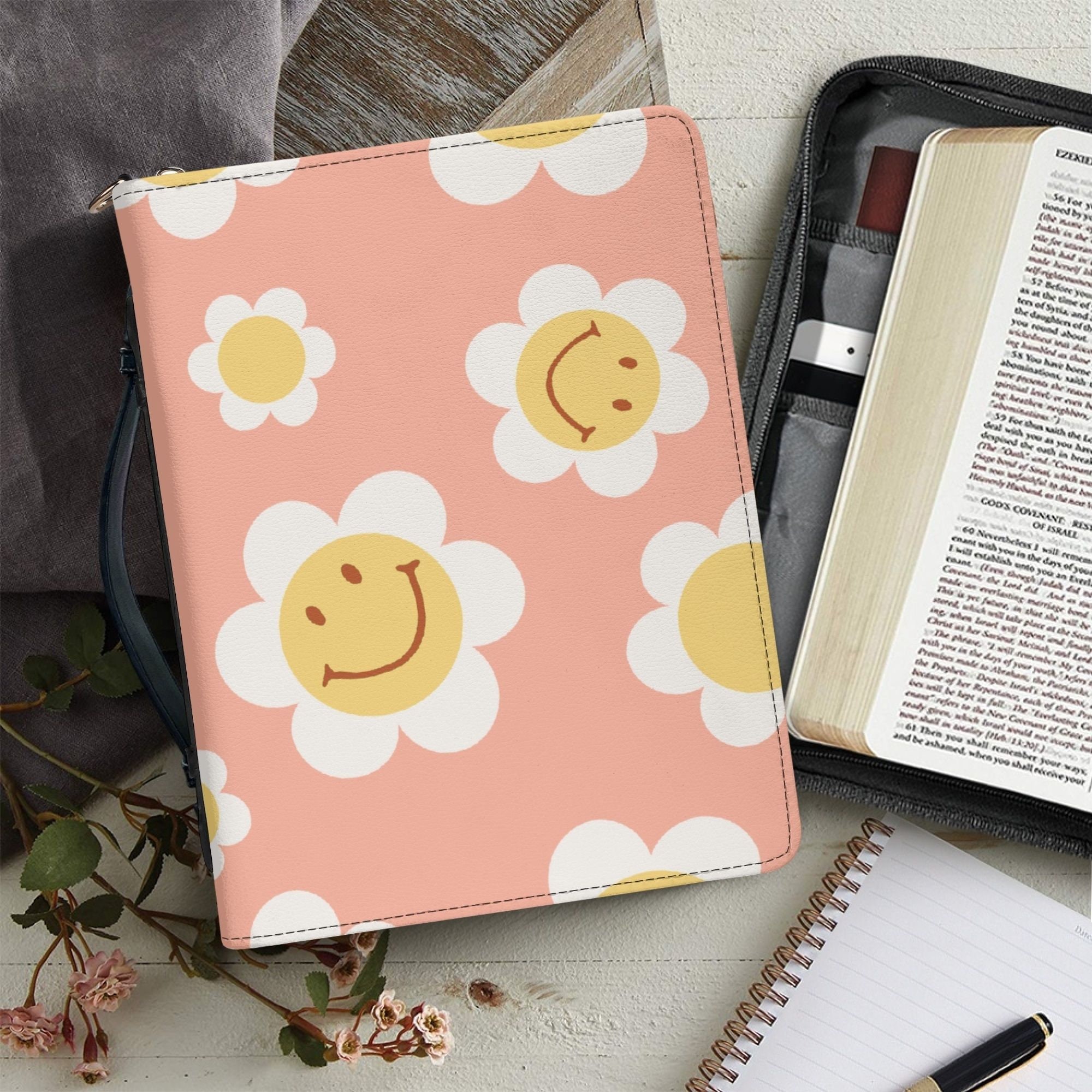 Smiley Floral Bible Cover Personalized, Custom Name Bible Case, Retro ...