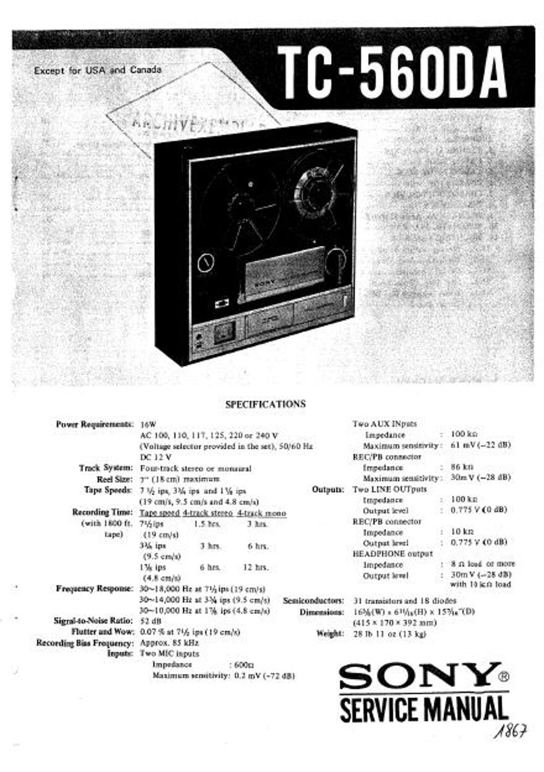 SONY TC-560DA Service Manual Stereo Tape Deck English Pdf Download - Etsy