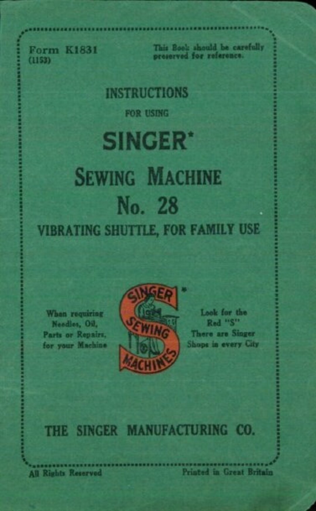 SINGER 28 Instruction Manual Sewing Machine 36 Pages in English. Pdf ...