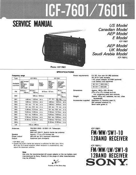 SONY ICF-7601 ICF-7601L Service Manual Inc Schems Fm Mw Sw 1-10 2 Band Receiver Fm Mw Lw Sw 1-9 ...