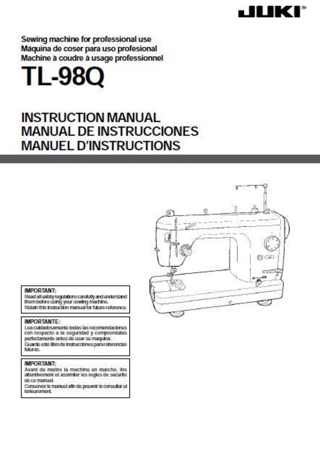 JUKI Tl-98q Instruction Manual Sewing Machine in English Espanol Et ...