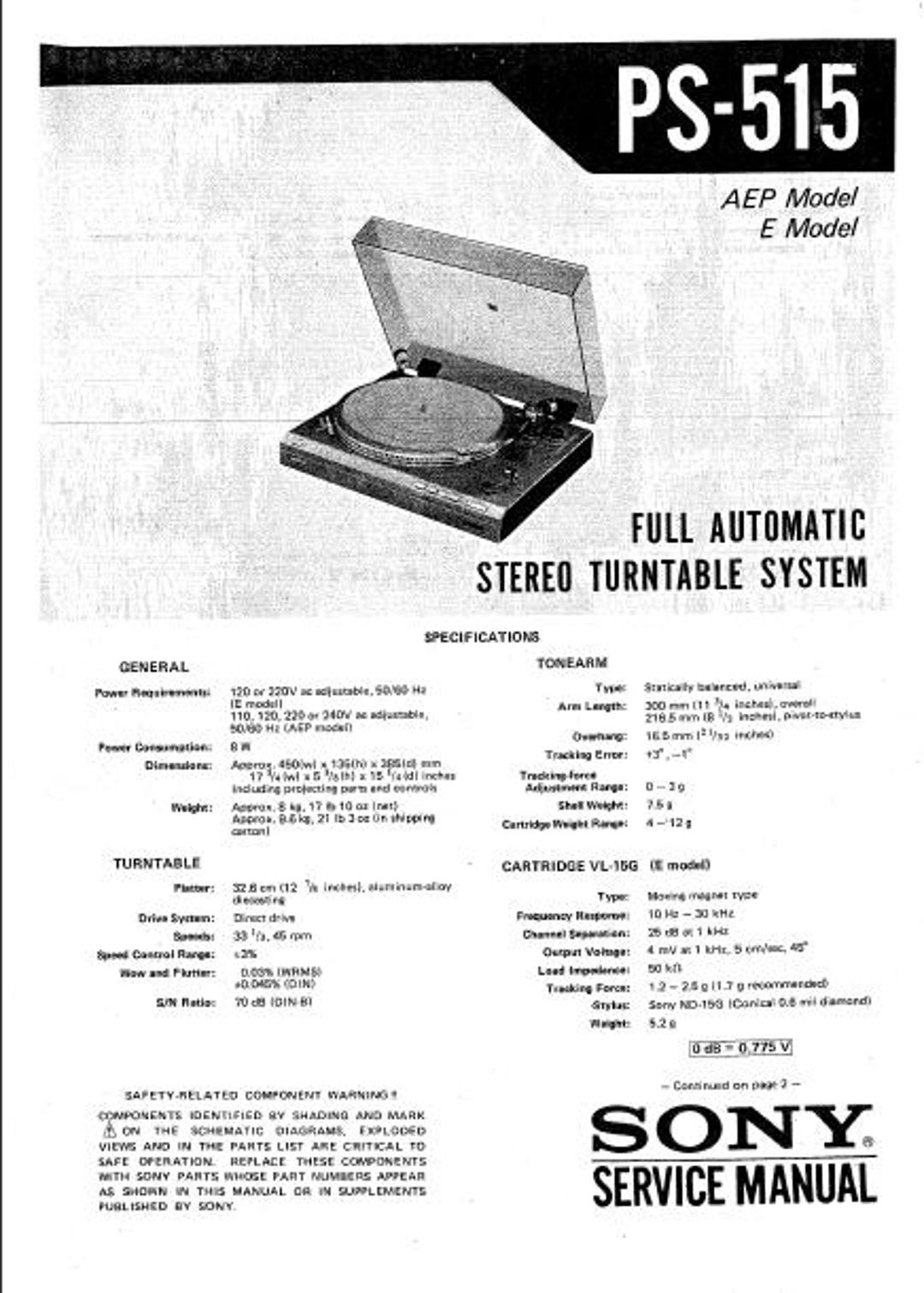 SONY PS-515 Service Manual Full Automatic Stereo Turntable System ...