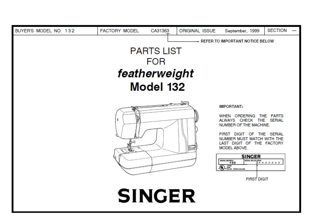 Singer Featherweight 132 Parts List Manual (english) - Etsy
