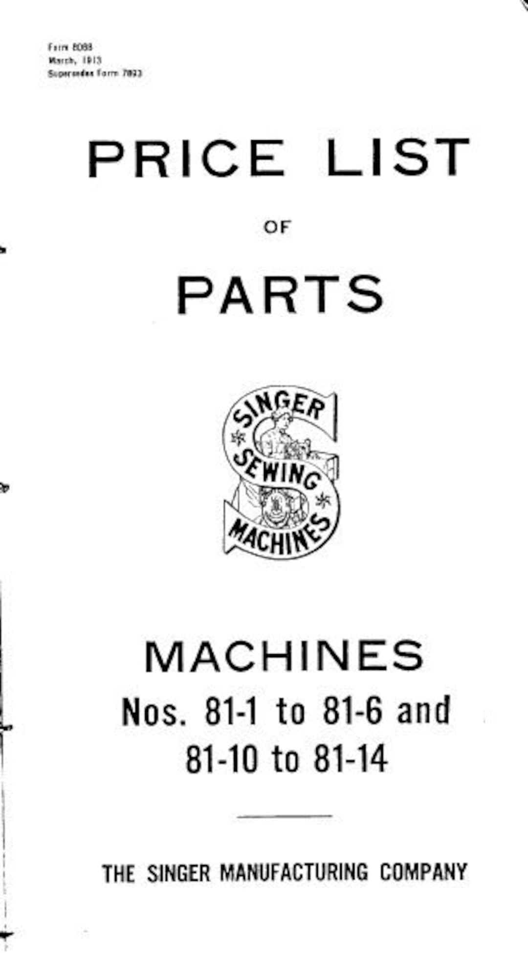 SINGER 81-1 to 81-6 81-10 to 81-14 List of Parts Sewing Machine in ...