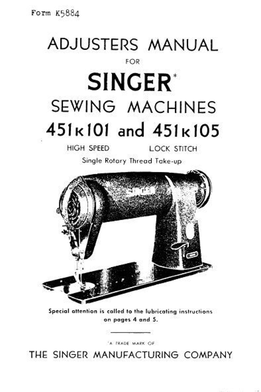 SINGER 451K101 451K105 Adjusters Manual Sewing Machines in English.more ...