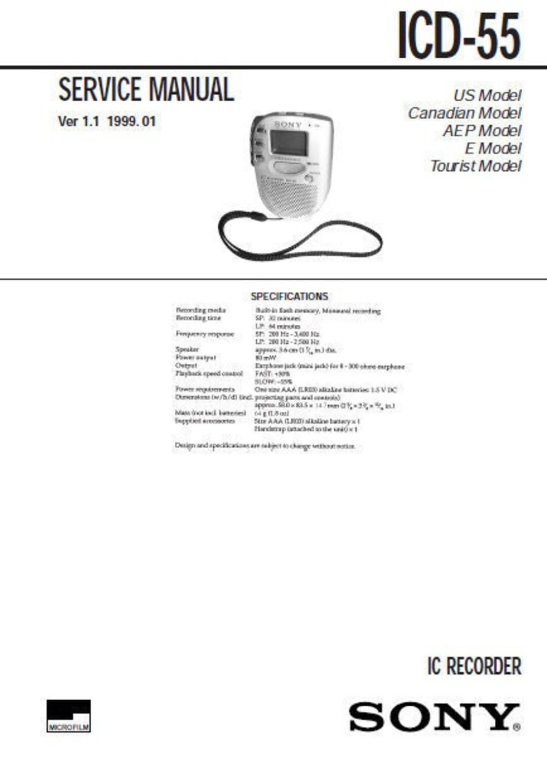 SONY Icd-55 Service Manual Inc Schems Ic Recorder in English. MORE MANUALS @ Themanualsservice ...