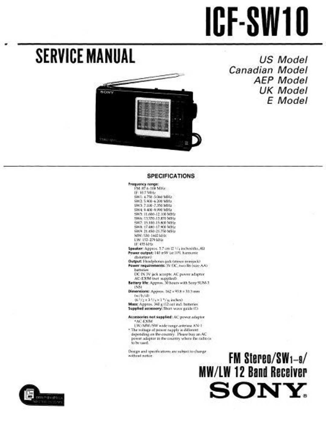 SONY ICF-SW10 Service Manual Inc Schems Fm Stereo Sw 1-9 Mw Lw 12 Band ...