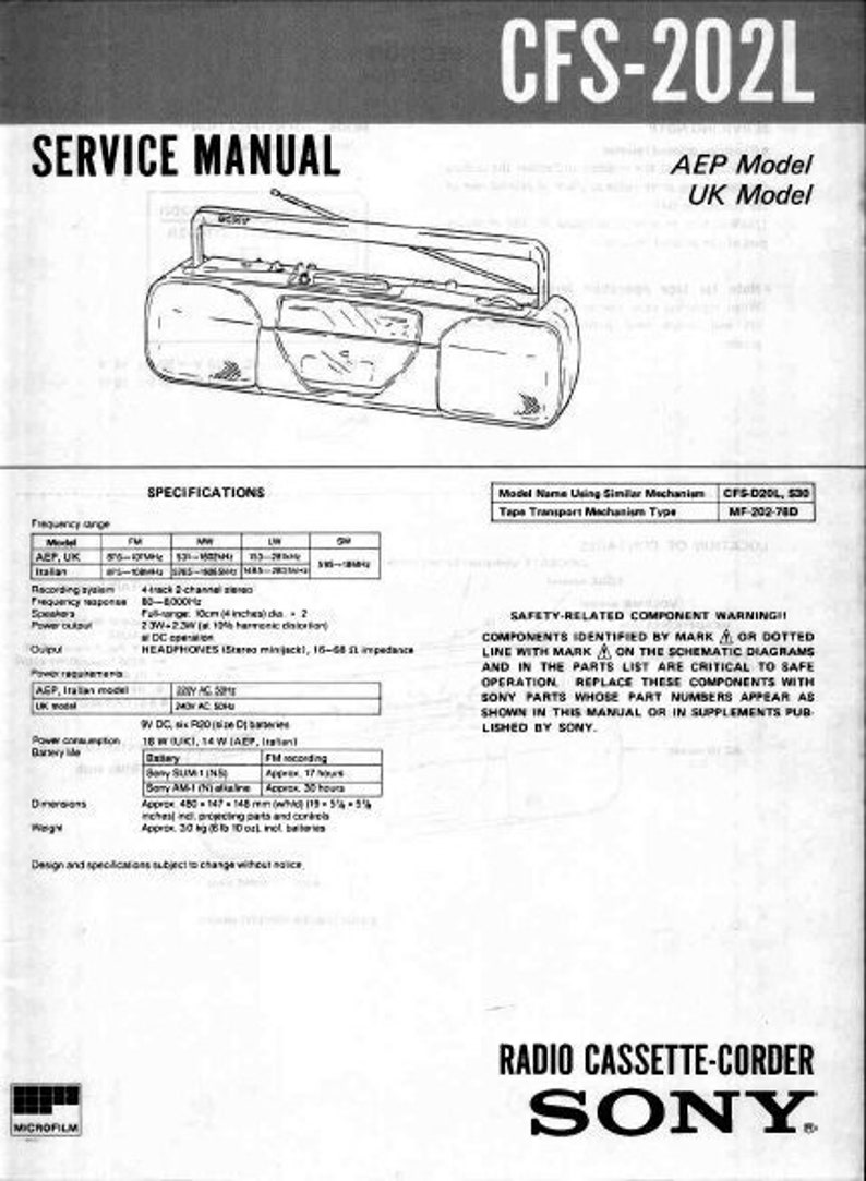 SONY Cfs-202l Service Manual Radio Cassette Corder in English. MORE ...