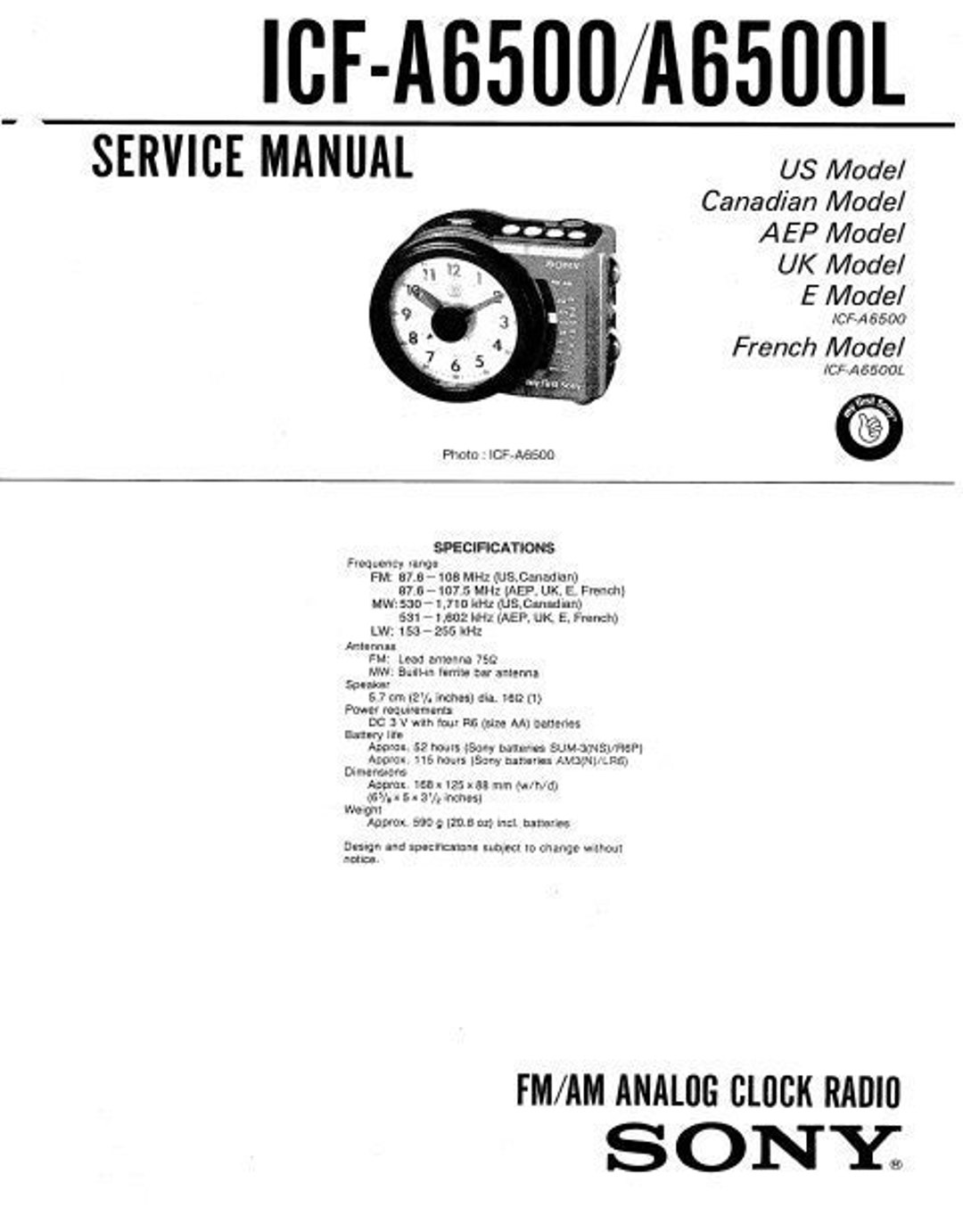 SONY Icf-a6500 Icf-a6500l Service Manual Fm Am Analog Clock Radio in ...