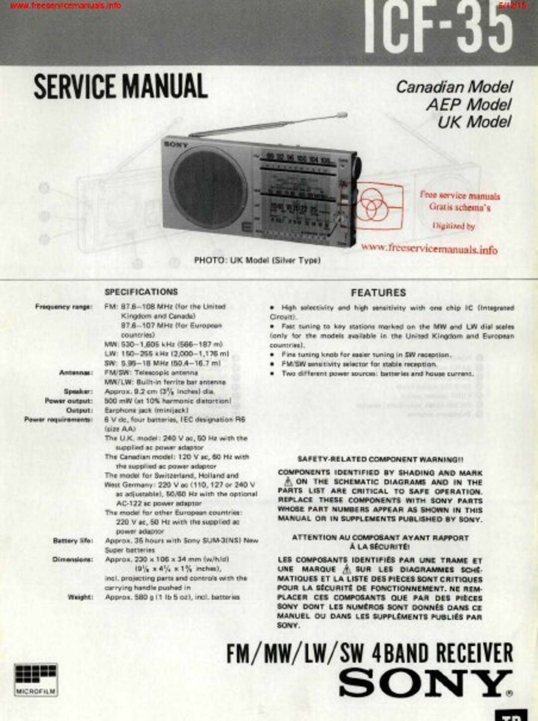 SONY Icf-35 Service Manual Fm Mw Lw Sw 4 Band Receiver 15 Pages in ...