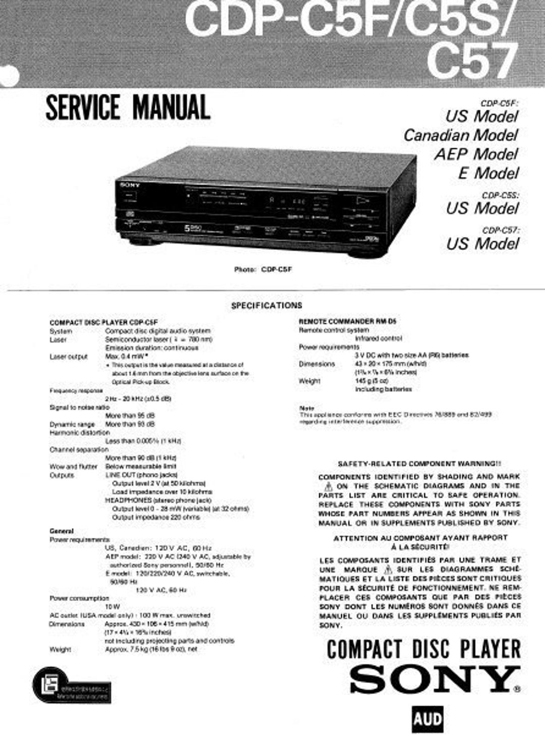 SONY Cdp-c5f Cdp-c5s Cdp-c57 Service Manual Cd Player in English. MORE MANUALS ...