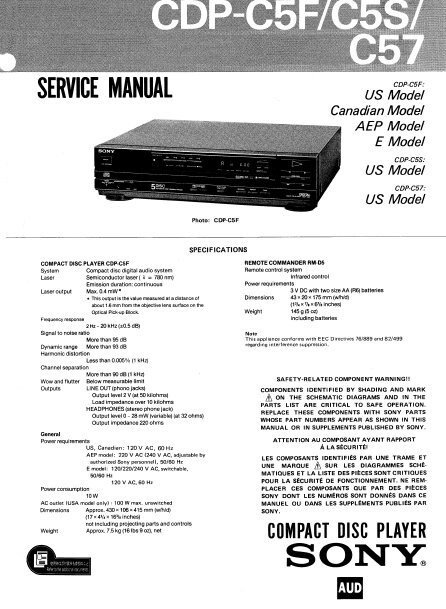 SONY Cdp-c5f Cdp-c5s Cdp-c57 Service Manual Cd Player in English. MORE ...