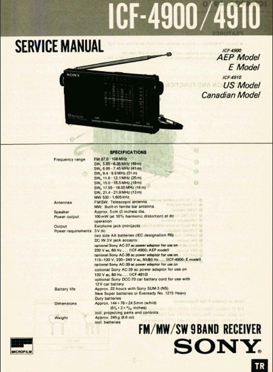 SONY Icf-4900 Icf-4910 Service Manual Fm Mw Sw 9 Band Receiver 11 Pages ...