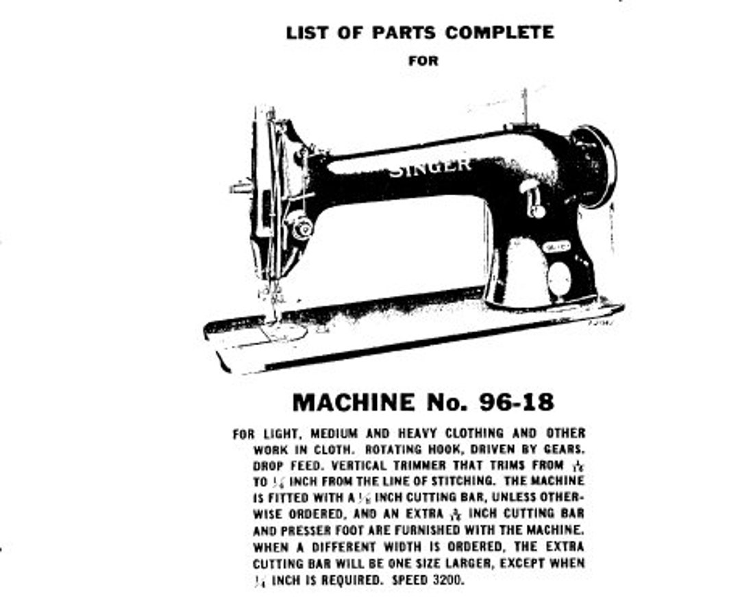 SINGER 96-18 List of Parts Complete Sewing Machine in ENGLISH - Etsy