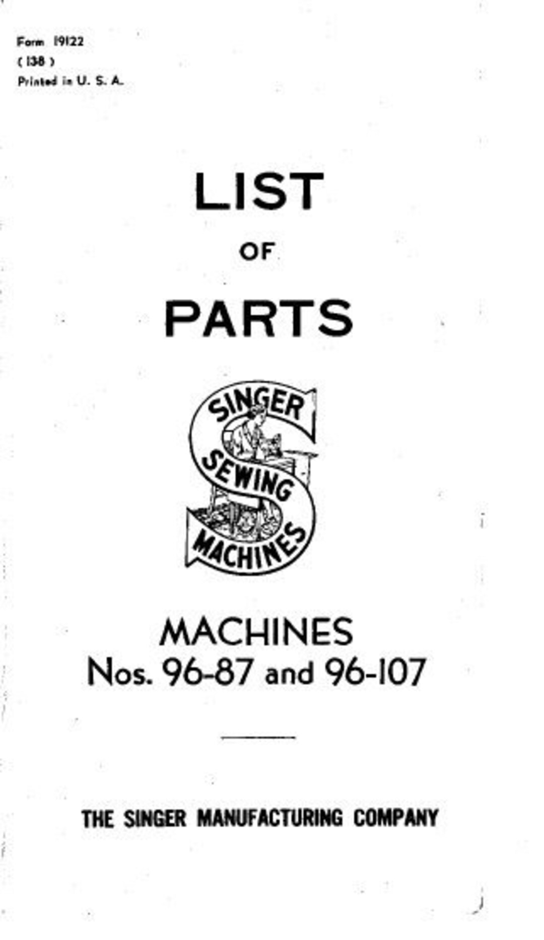SINGER 96-87 96-107 List of Parts Sewing Machine in ENGLISH - Etsy