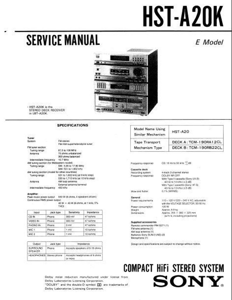 SONY HST-A20K Compact Hifi Stereo System Service Manual - Etsy