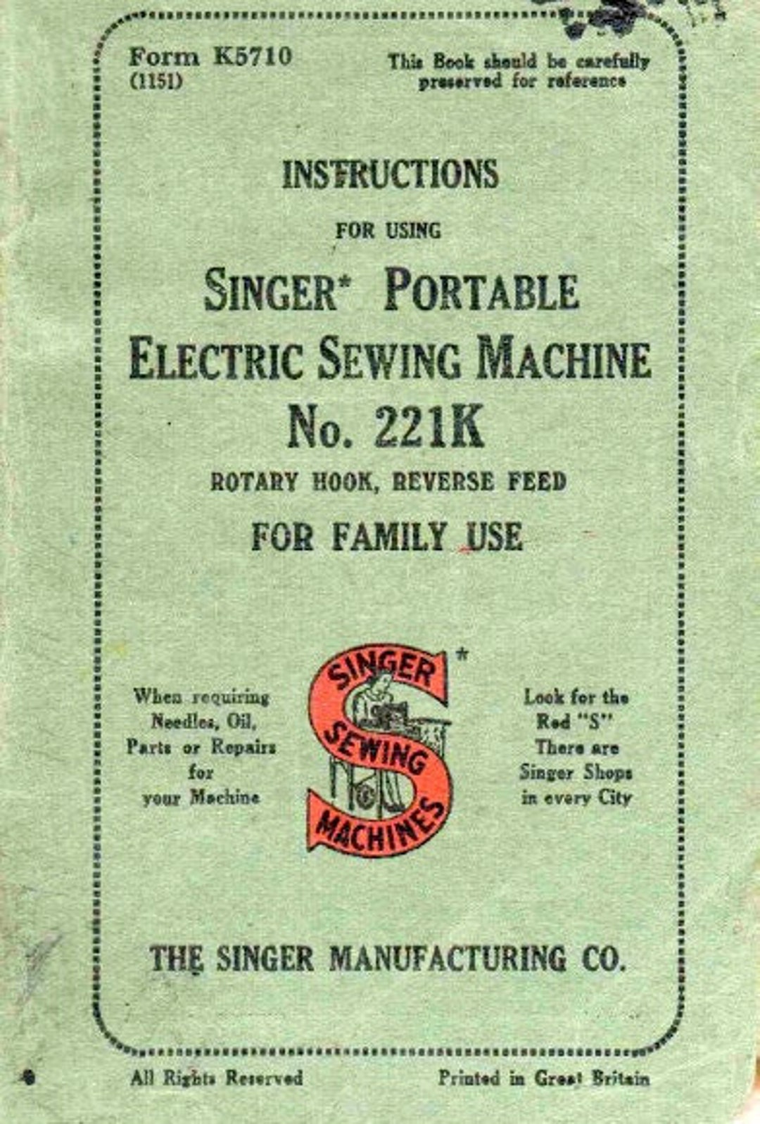 SINGER 221K Instruction Sewing Machine 60 Pages in English. Pdf ...