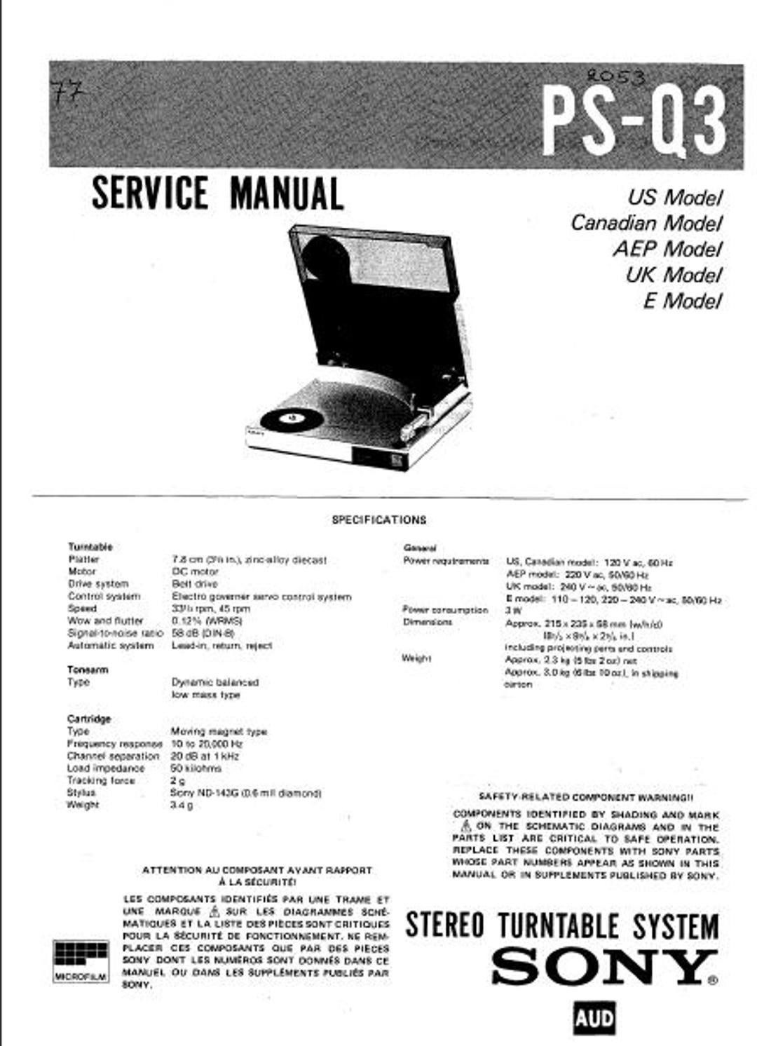 SONY PS-Q3 PS-Q3A Service Manual Stereo Turntable System 22 Pages ...