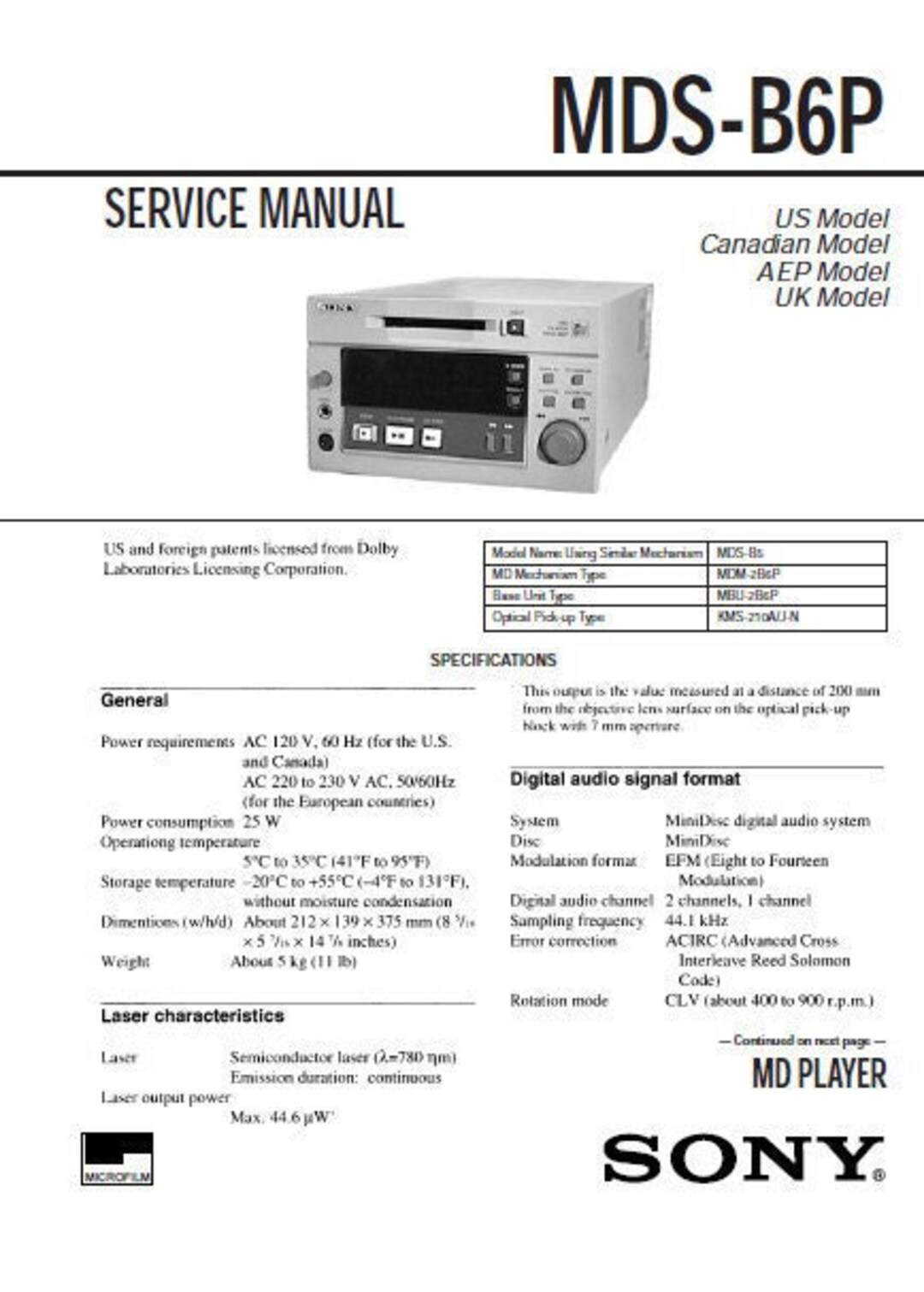 SONY MDS-B6P Service Manual Inc Schems Md Player - Etsy