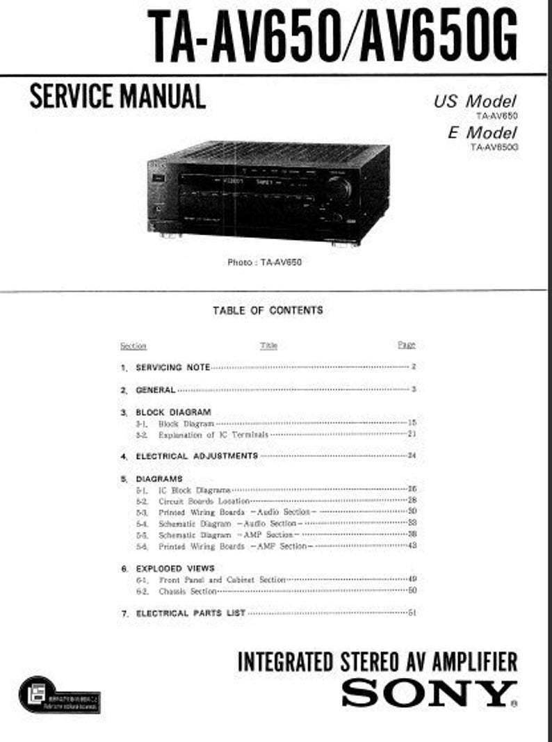 SONY Ta-av650 Ta-av650g Service Manual Integrated Stereo Av Amplifier ...