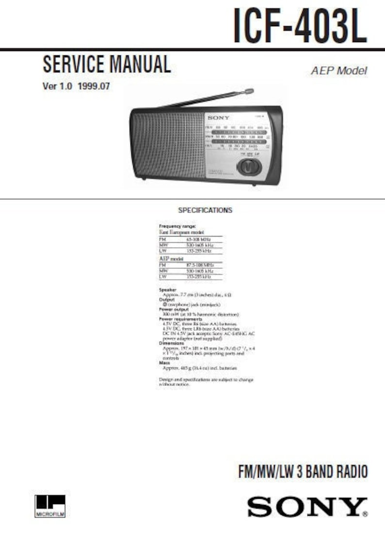 SONY ICF-403L Service Manual Inc Schems Fm Mw Lw 3 Band Radio - Etsy
