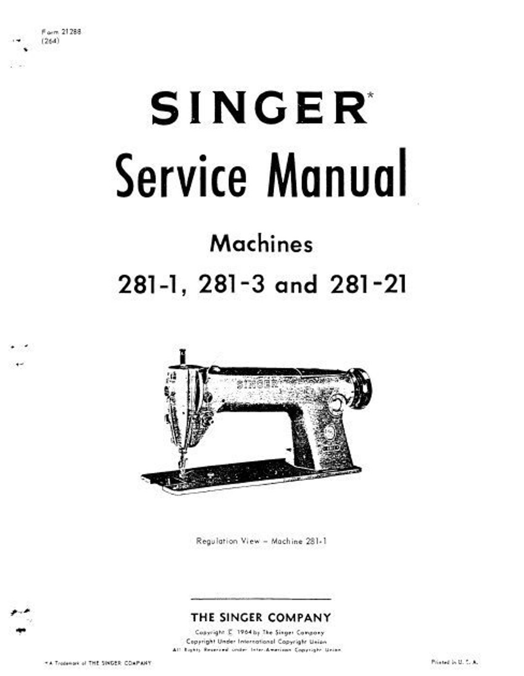SINGER 281-1 281-3 281-21 Sewing Machine Service Manual in English ...