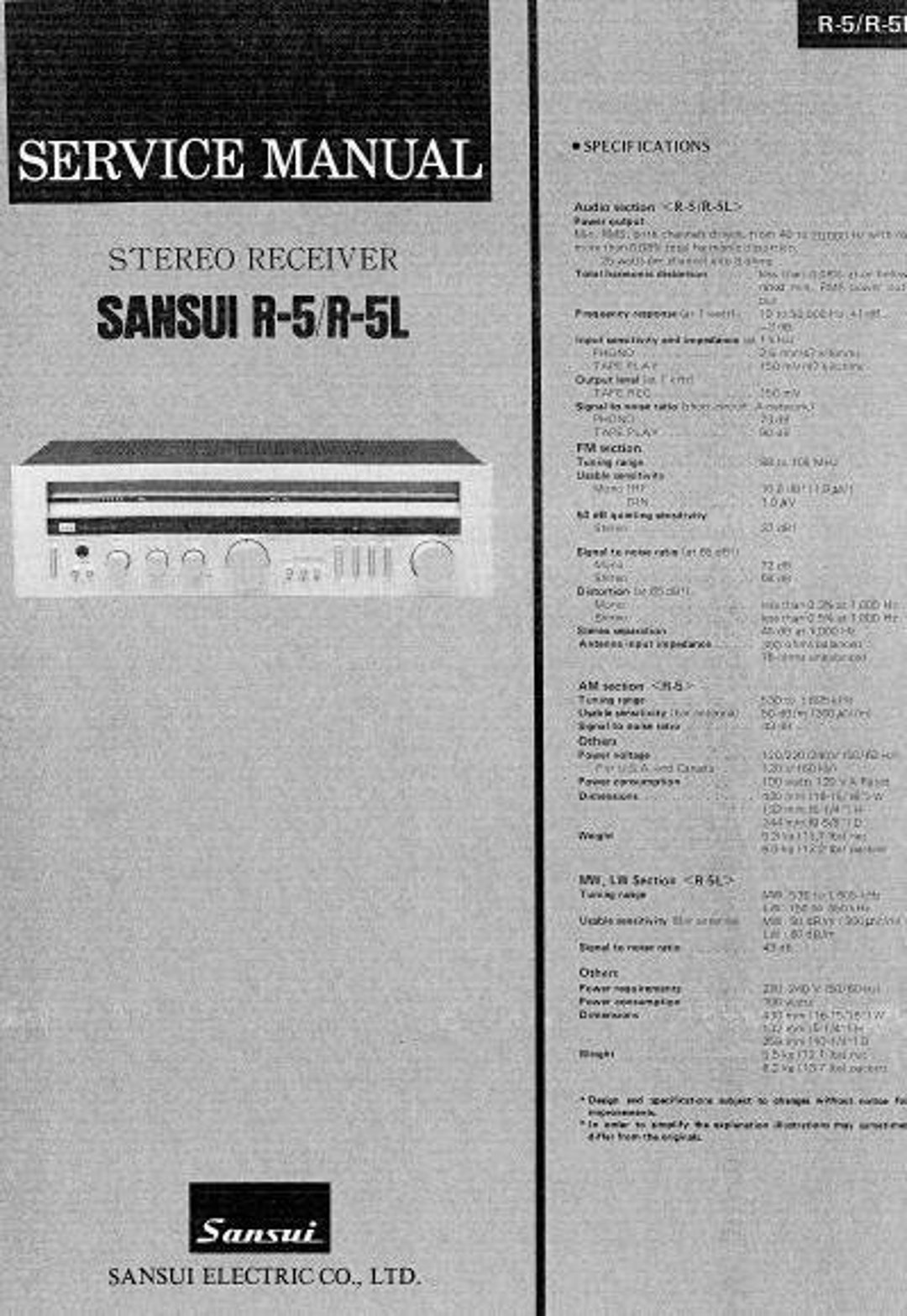 SANSUI R-5 R-5L Service Manual Stereo Receiver in English. MORE MANUALS ...
