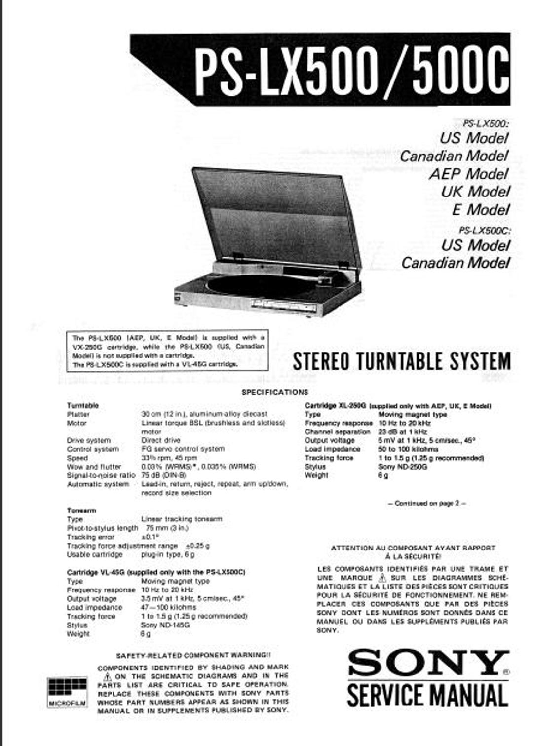SONY PS-LX500 PS-LX500C Service Manual Stereo Turntable System English ...