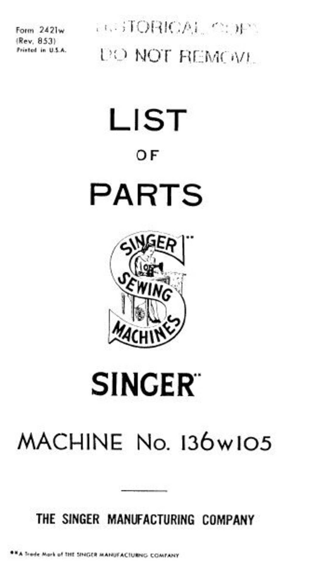 SINGER 136W105 List of Parts Sewing Machine in ENGLISH - Etsy