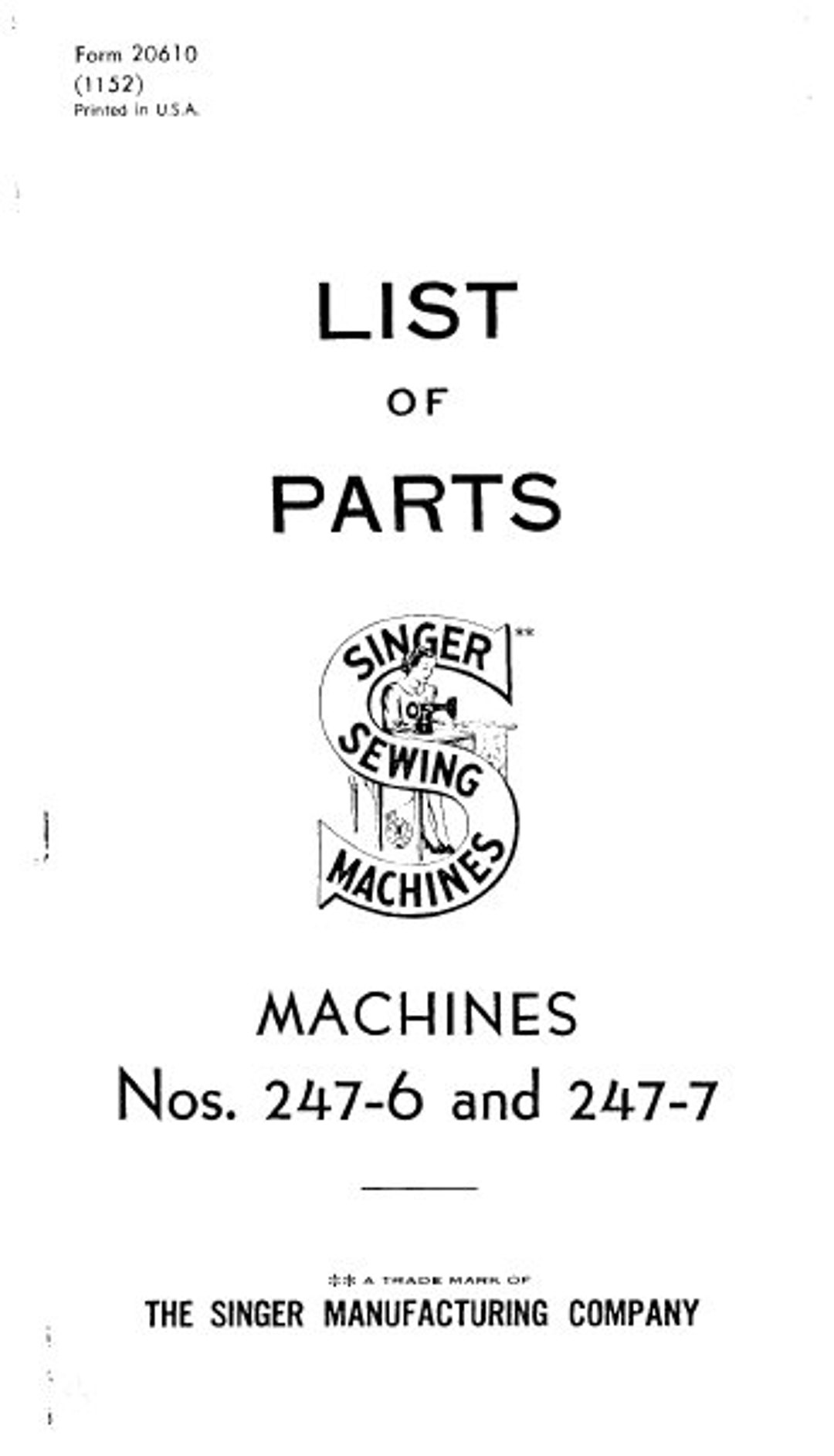 SINGER 247-6 247-7 List of Parts Sewing Machine in ENGLISH - Etsy