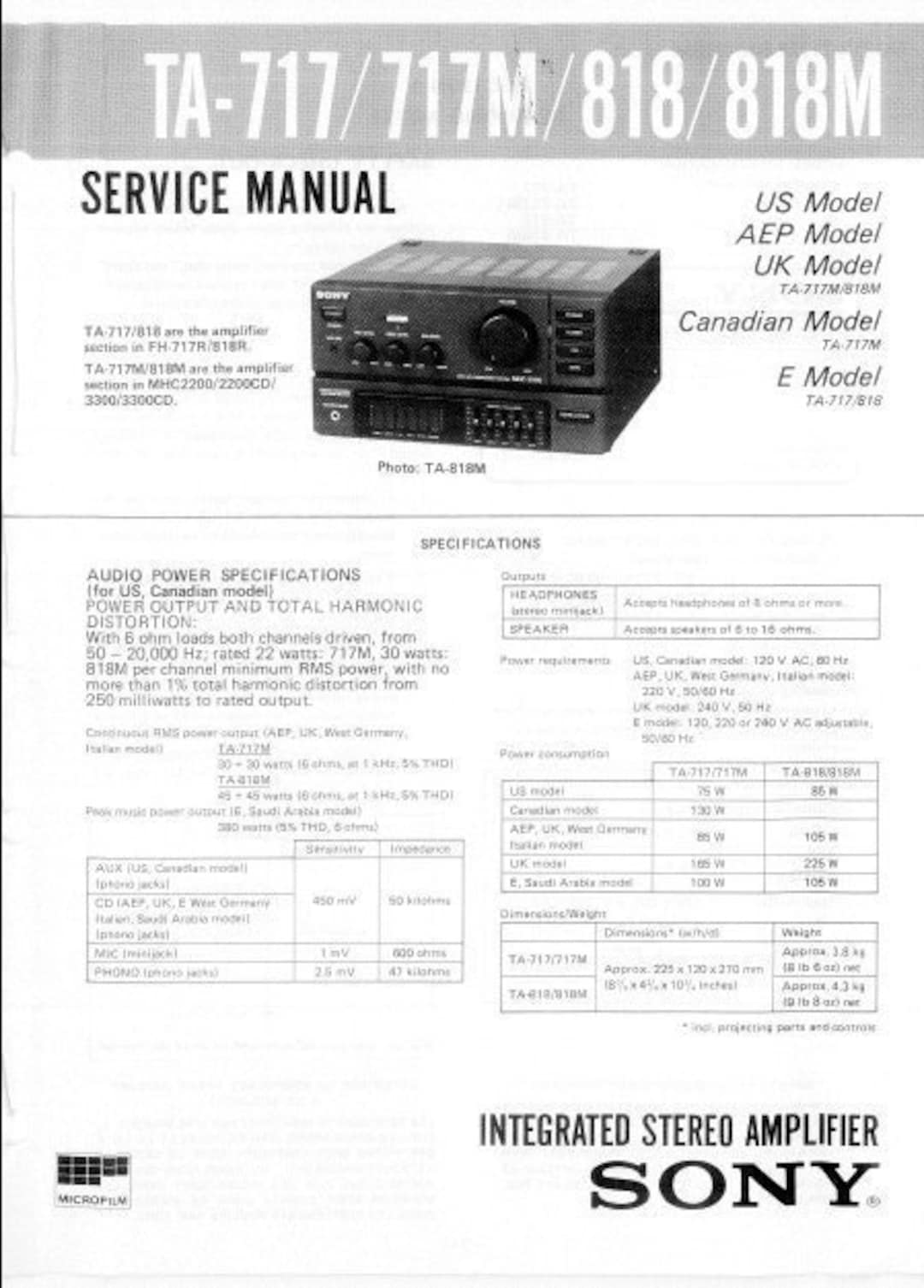 SONY TA-717 TA-717M Ta-818 Ta-818m Service Manual Integrated Stereo ...