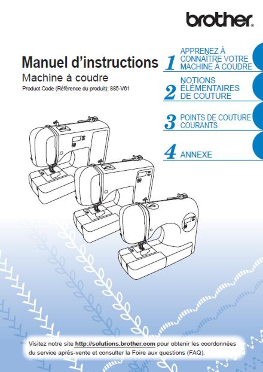 BROTHER 885-V61 Manuel D'instructions Machine A Coudre En Francais. MANUEL PLUS ...