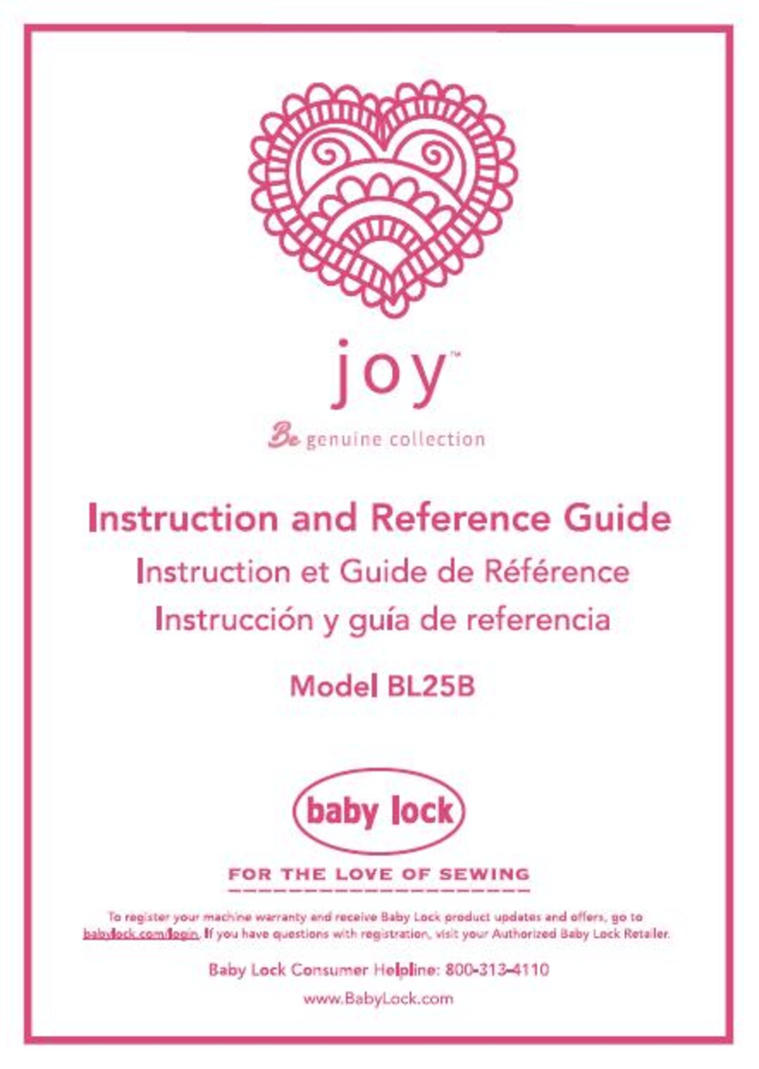 BABY Lock Joy Instruction and Reference Guide Instruction Et Guide De ...