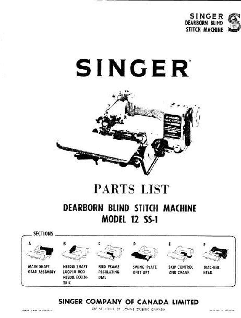 SINGER 12ss-1 Dearborn Blind Stitch List of Parts Sewing Machine in ...