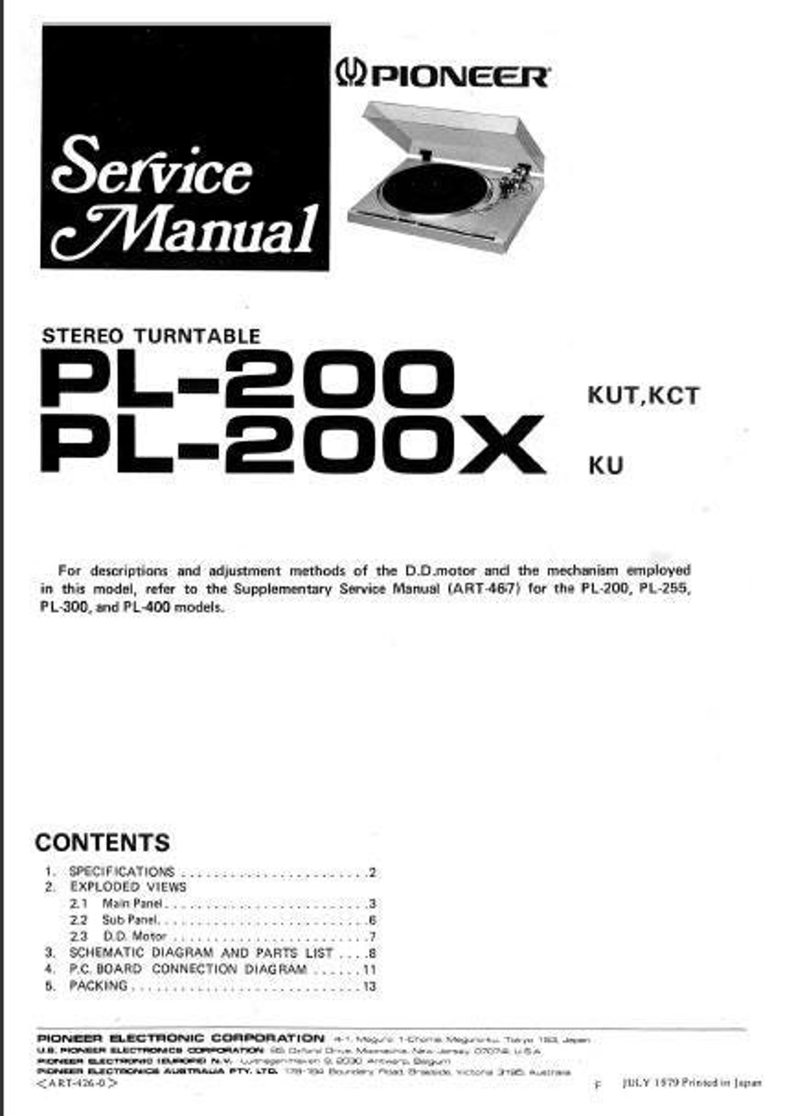 PIONEER Pl-200 Pl-200x Service Manual Stereo Turntable in English. MORE ...