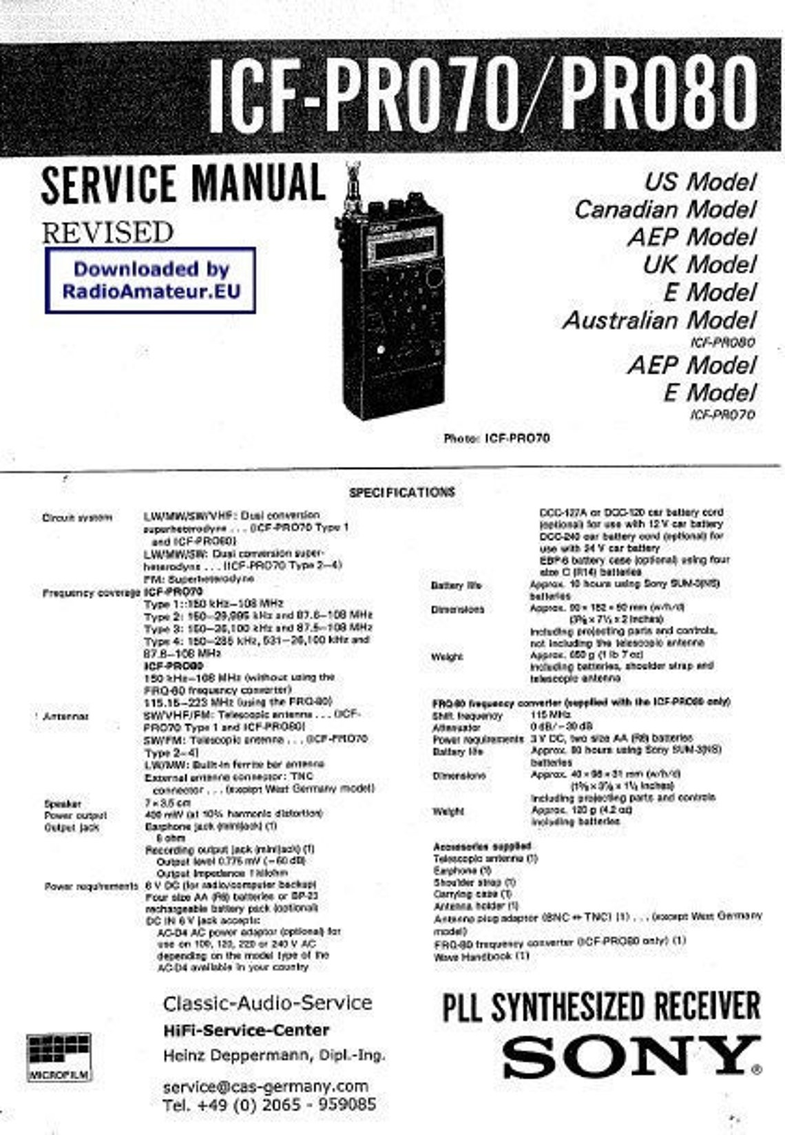 SONY Icf-pro70 Icf-pro80 Service Manual Pll Synthesized Receiver in ...