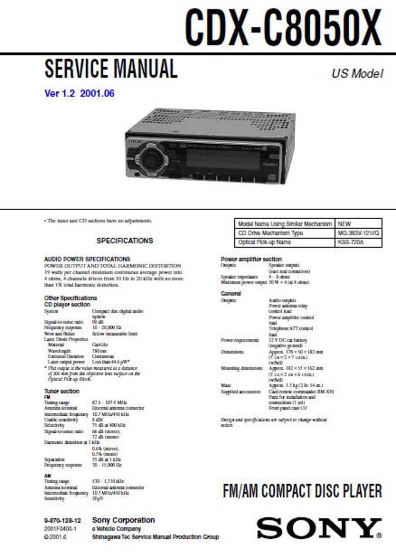 SONY Cdx-c8050x Service Manual Fm Am Cd Player in English. MORE MANUALS @ Themanualsservice Dot ...