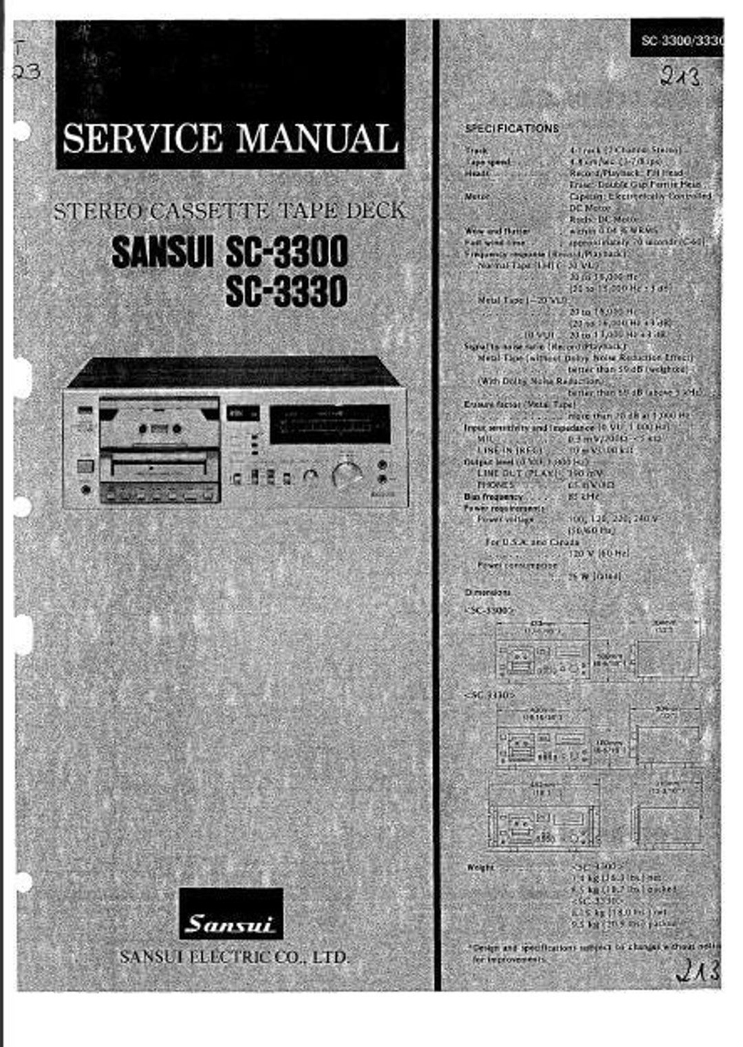 SANSUI Sc-3300 Sc-3330 Service Manual Stereo Cassette Tape Deck in ...
