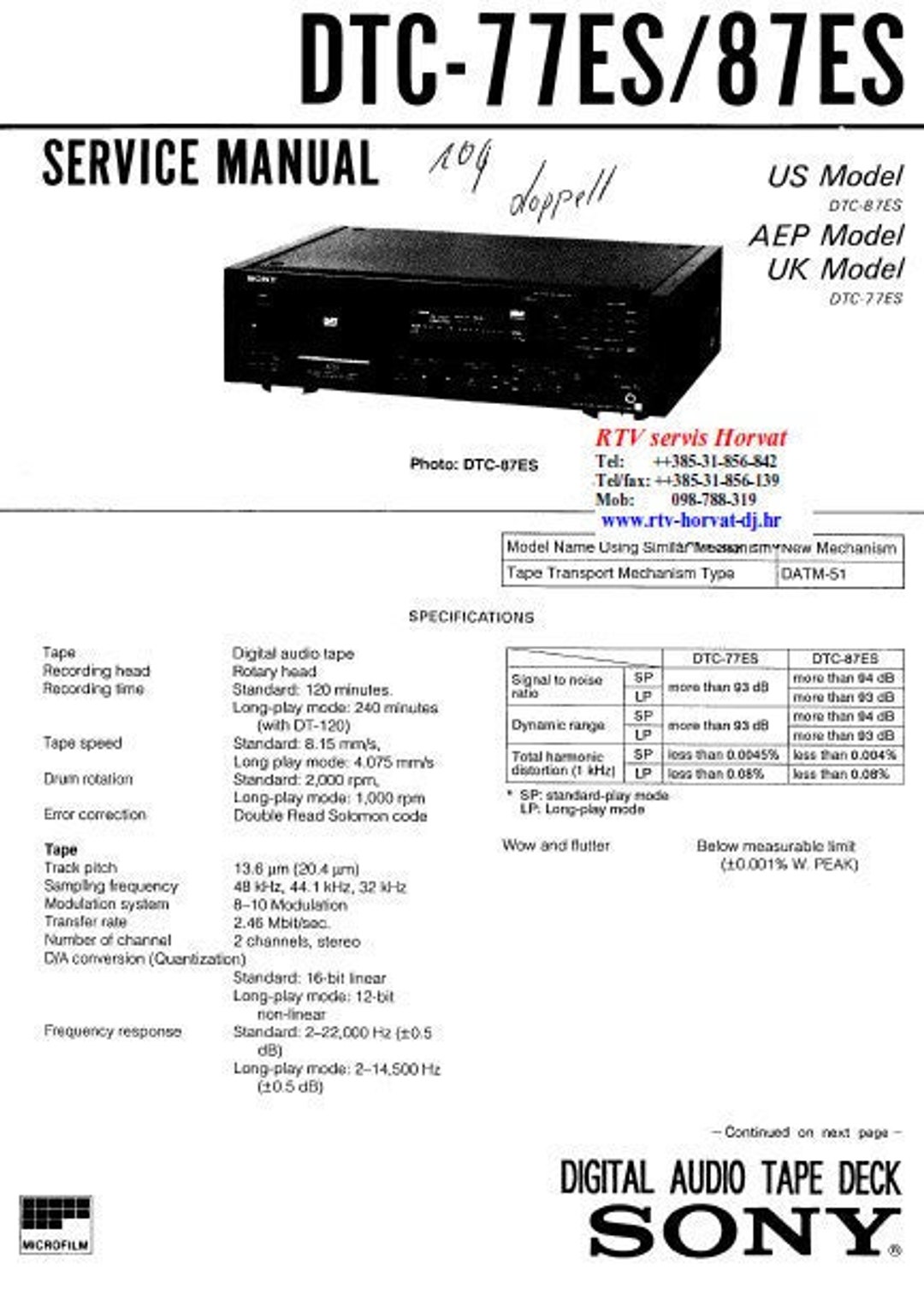 SONY Dtc-77es Dtc-87es Service Manual Digital Audio Tape Deck in ...