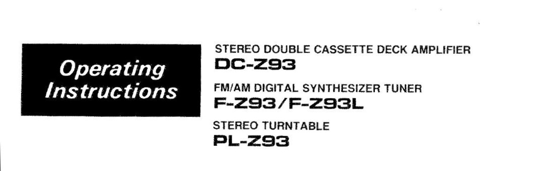 PIONEER Dc-z93 Operating Instructions St Double Casstte Deck Amplifier ...
