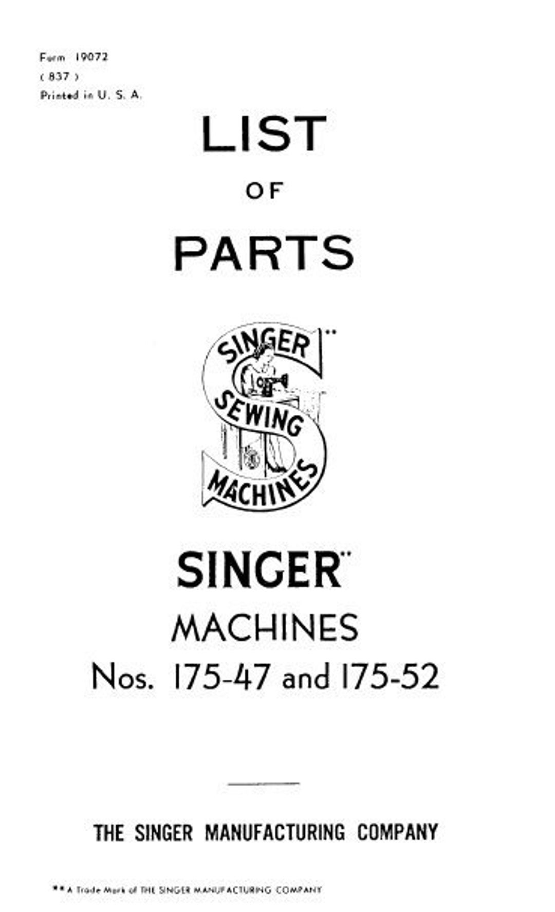 SINGER 175-47 175-52 List of Parts Sewing Machine in ENGLISH - Etsy