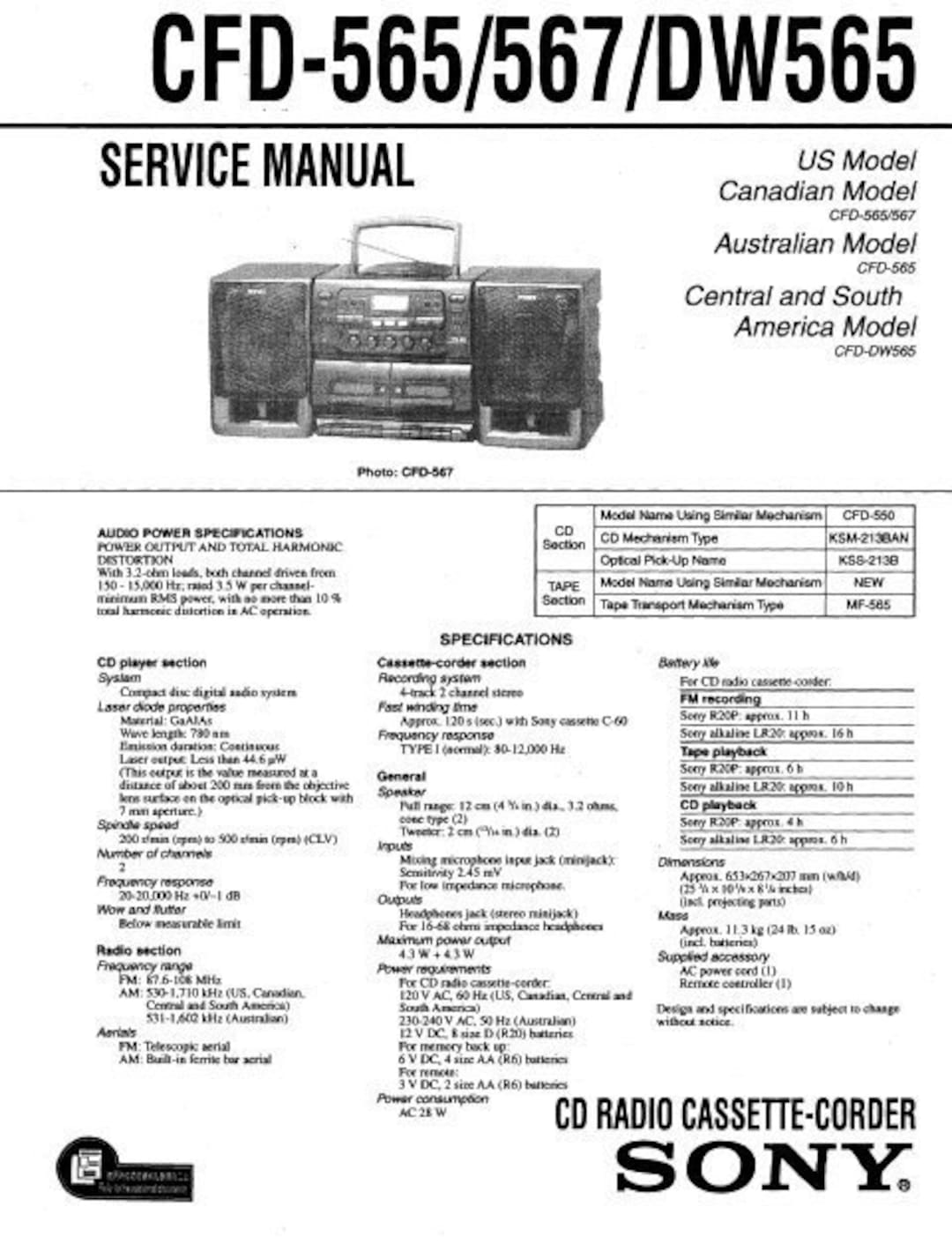 SONY Cfd-565 Cfd-567 Cfd-dw565 Service Manual Cd Radio Cassette Corder ...