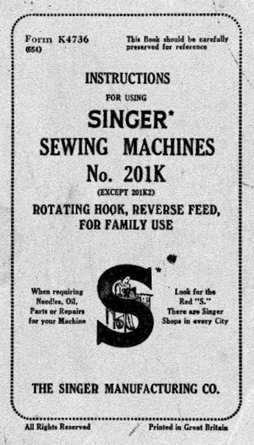 SINGER 201K Instructions Sewing Machine 57 Pages in English. Pdf ...