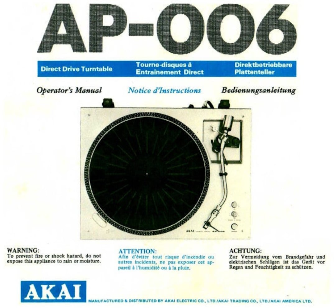 AKAI AP-006 Turntable Operator's Manual (english, French, Deutsch) - Etsy
