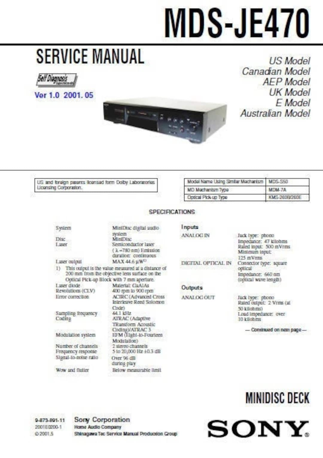 SONY Mds-je470 Service Manual Inc Schems Md Deck in English. MORE ...