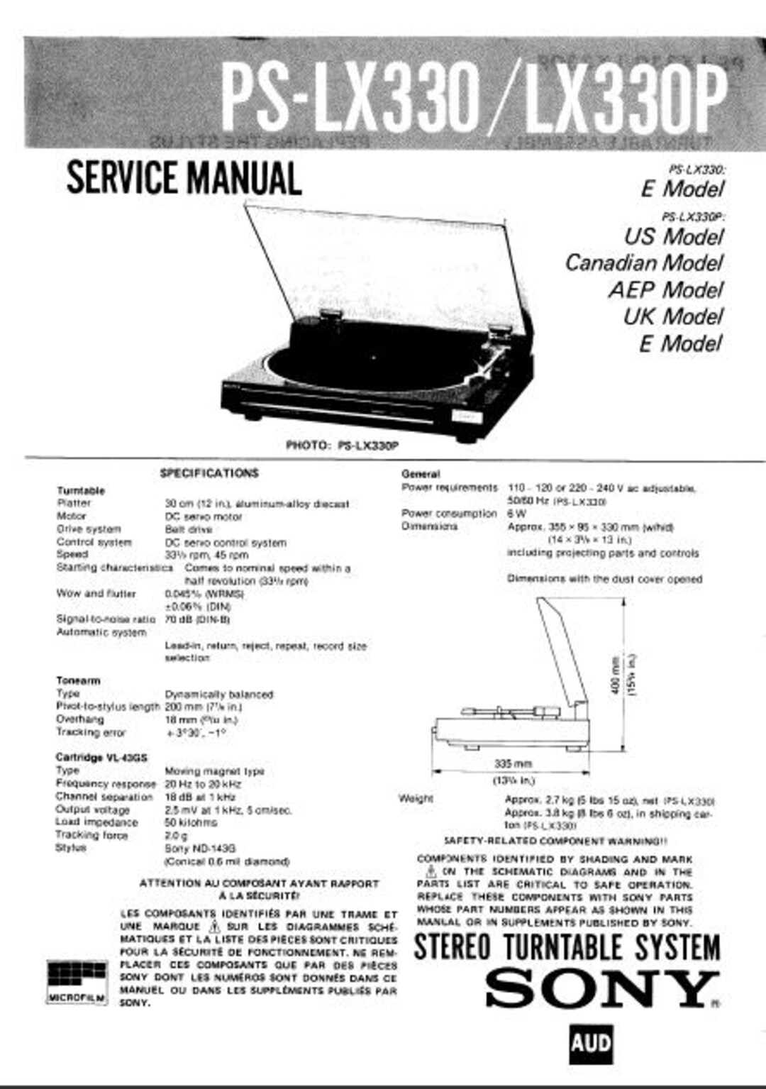 SONY PS--LX330 PS-LX330P Service Manual Stereo Turntable System English ...