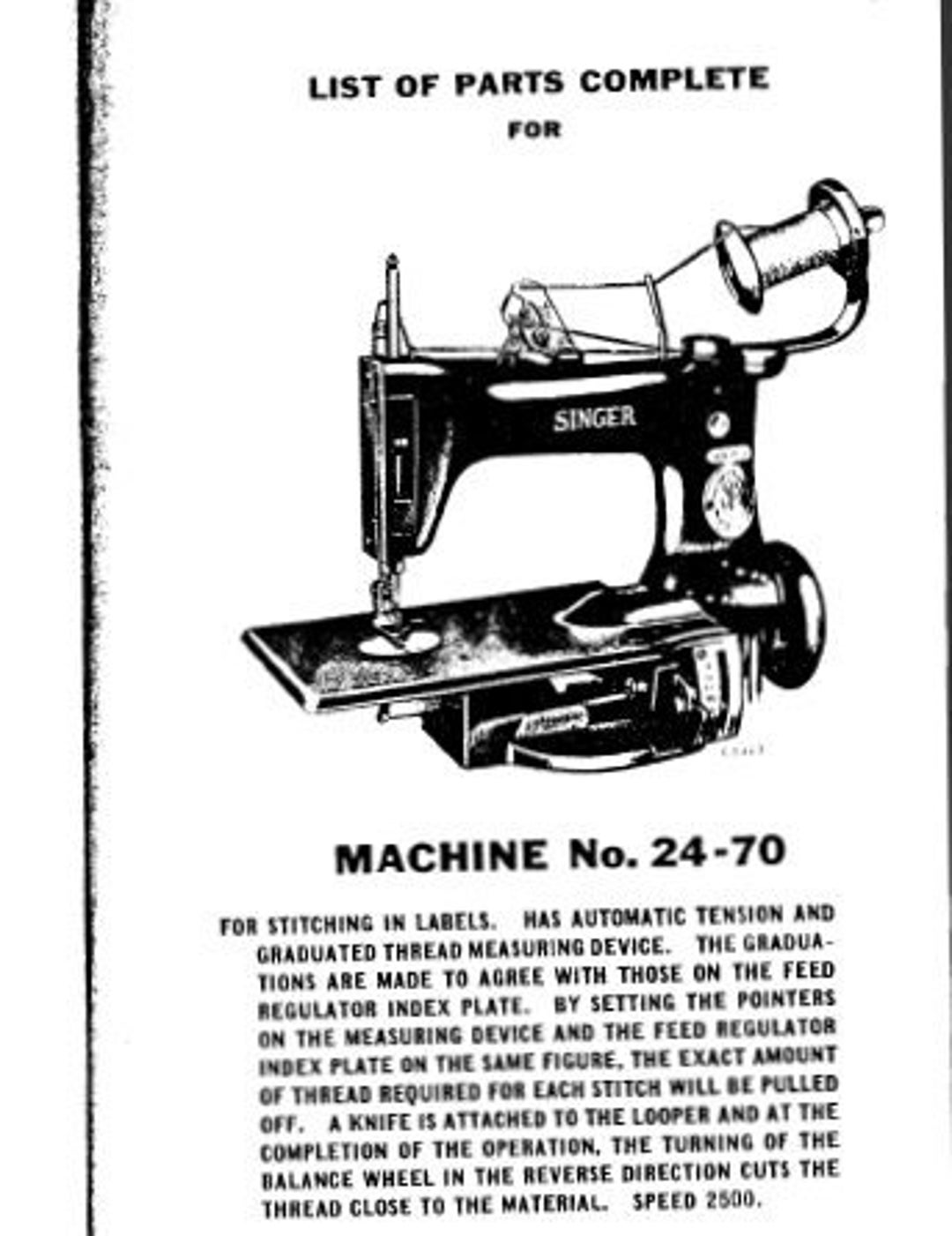 SINGER 24-70 24-71 List of Parts Complete Sewing Machine in ENGLISH - Etsy