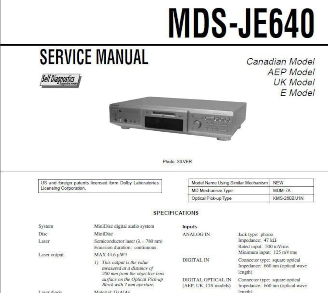 SONY Mds-je640 Service Manual Minidisc Deck in English. MORE MANUALS ...
