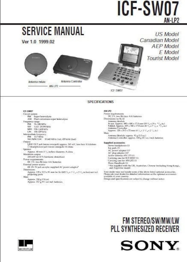 SONY ICF-SW07 Service Manual Inc Schems Fm Stereo Sw Mw Lw Pll - Etsy